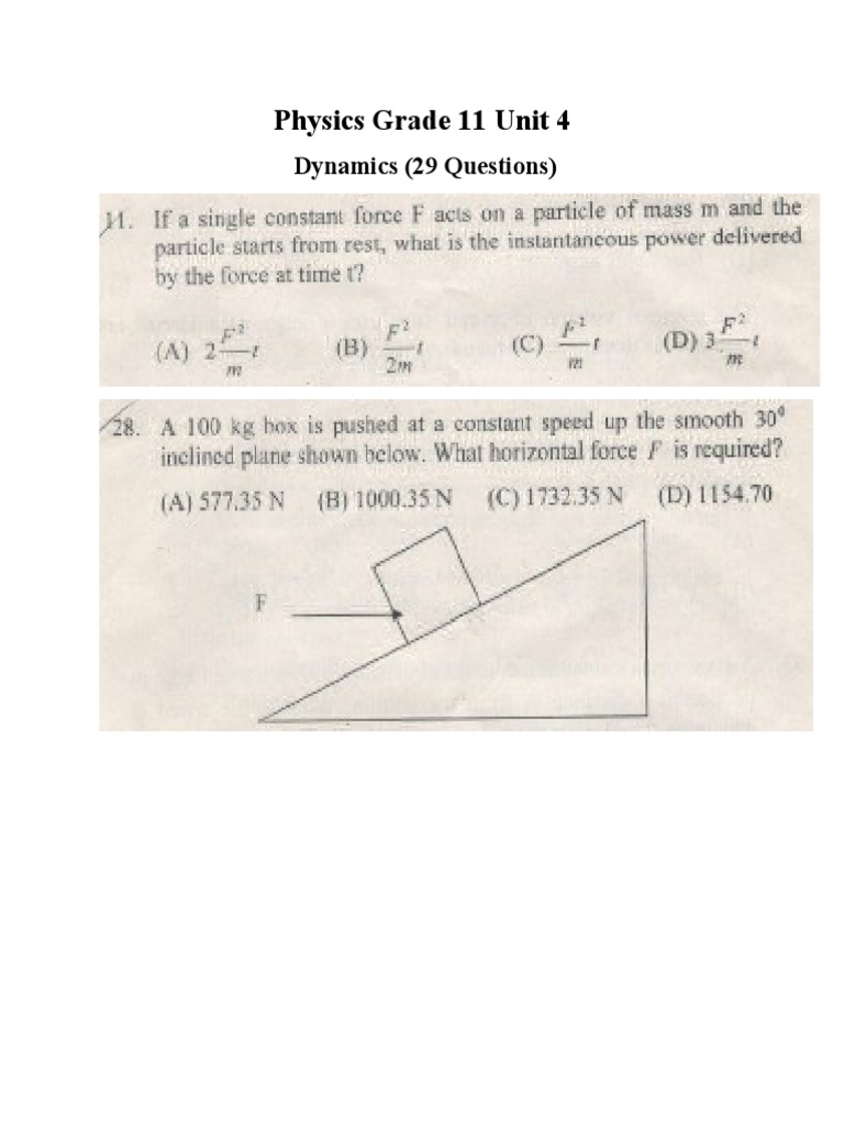 Physics Grade 11 Unit 4: Dynamics (29 Questions) | PDF