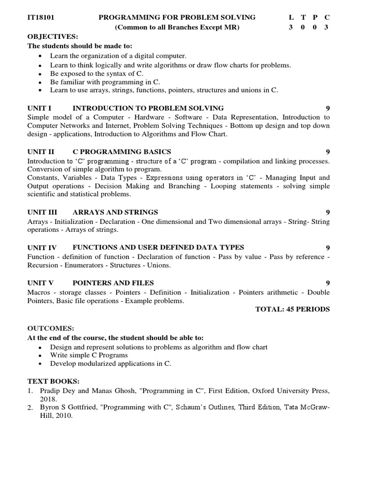 It18101 Pps Syllabus Pdf C Programming Language Pointer Computer Programming