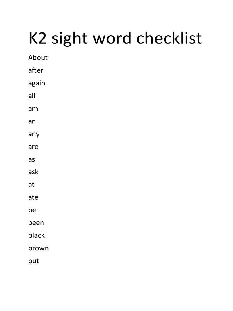 K2 Sight Word Checklist | PDF
