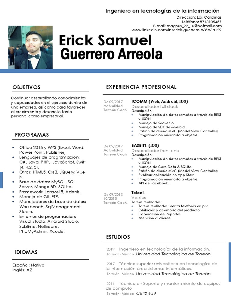Español Erick Samuel Guerrero Arreola CV NF | PDF | Android (sistema operativo) | Mi sql