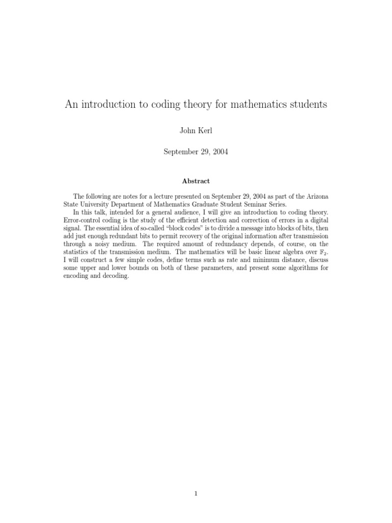An Introduction To Coding Theory For Mathematics Students: John Kerl | PDF | Error Detection And ...