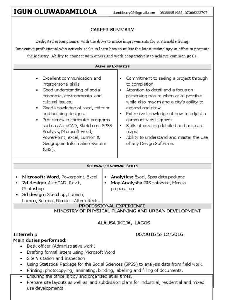 Town Planning-Igun Damilola CV | PDF | Spss | Geographic Information System