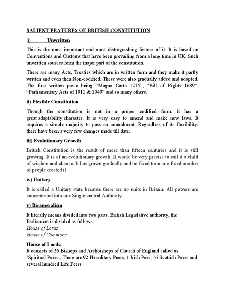 Salient Features of the British Constitution | PDF | Constitution Of ...