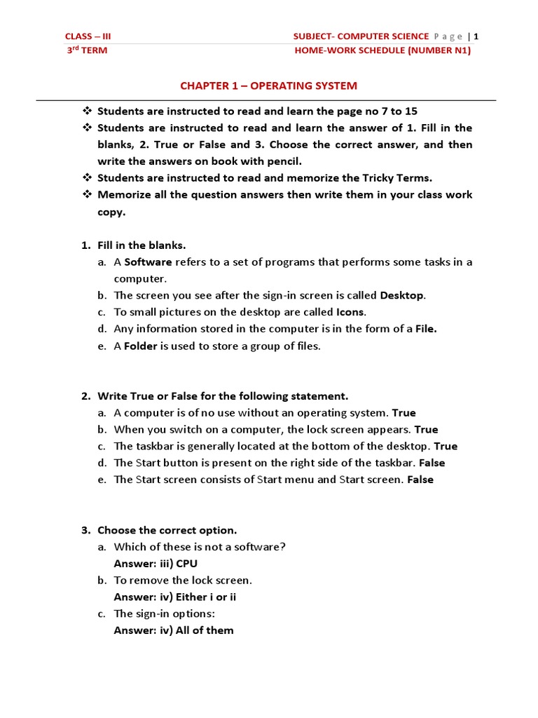 Chapter 1 Operating System Class Iii Subject Computer Science 3 Term Home Work Schedule