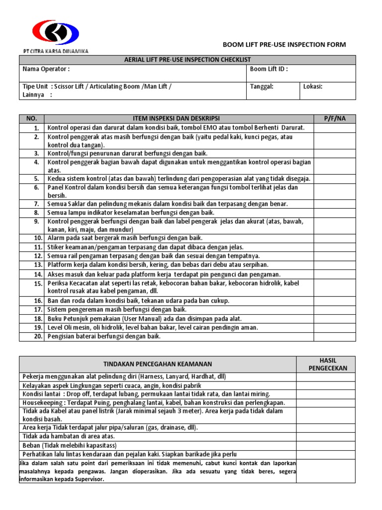 Form Inspeksi Boomlift | PDF