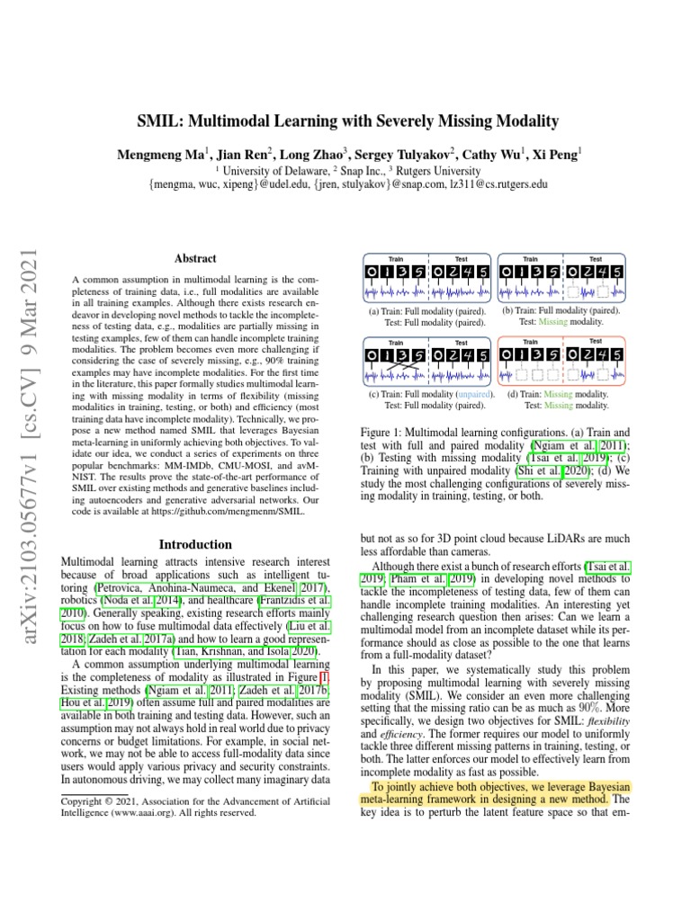 SMIL - Multimodal Learning With Severely Missing Modality 2021 | PDF | Computational ...