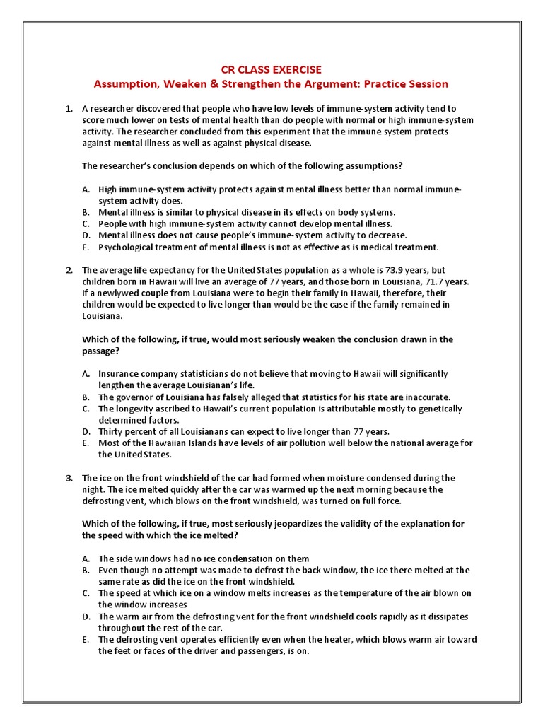 CR Class Exercise Assumption, Weaken & Strengthen The Argument ...