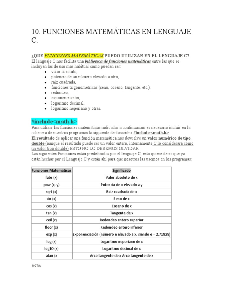 Funciones Matemáticas en Lenguaje C | PDF | Exponenciación | Análisis ...