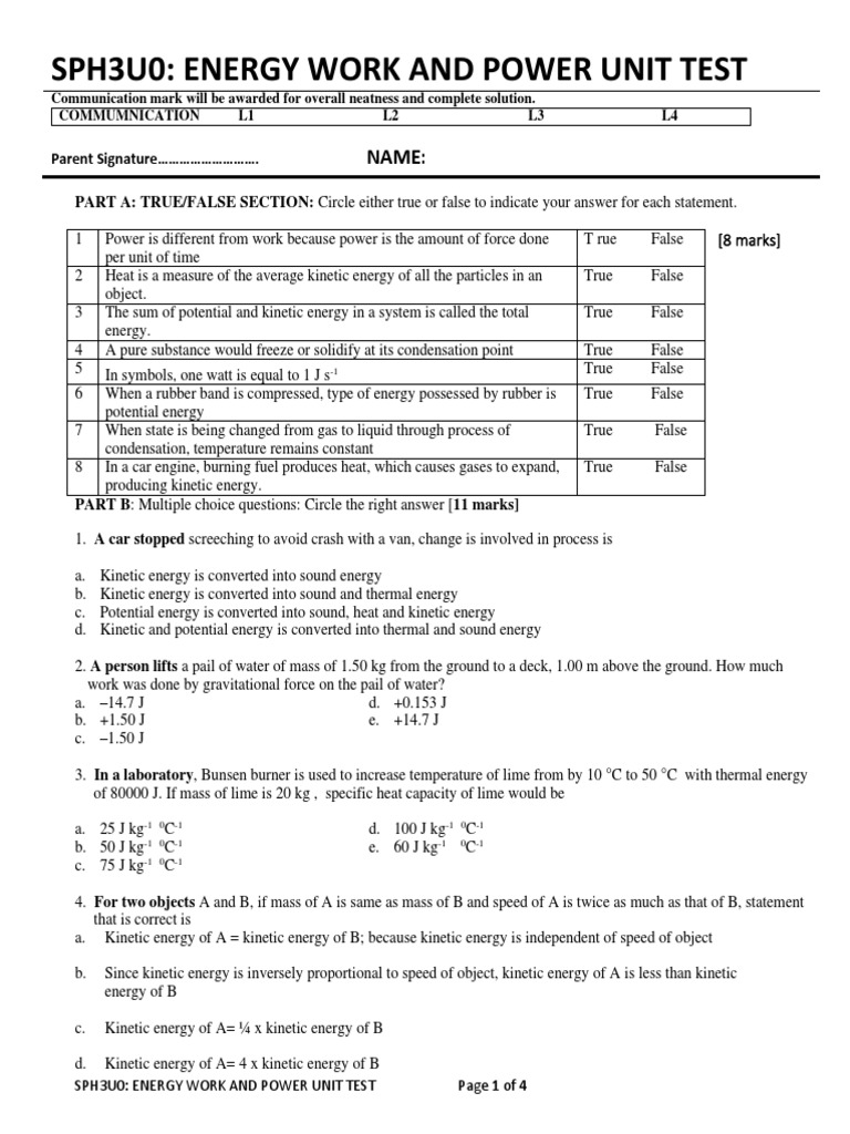 Energy Work and Power Unit Test | PDF | Kinetic Energy | Potential Energy