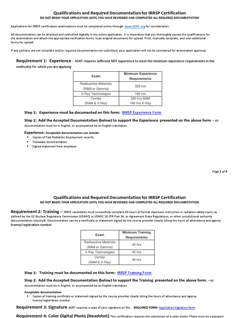 Qualifications and Required Documentation For IRRSP Certification ...