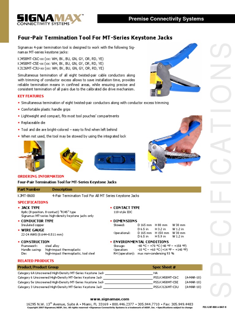 Four-Pair Termination Tool For MT-Series Keystone Jacks: Premise ...