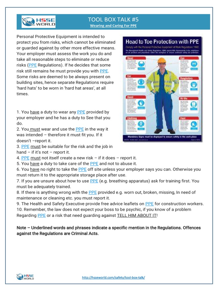 Tool Box Talk 6 WEARING AND CARING FOR PPE | PDF | Finance & Money ...