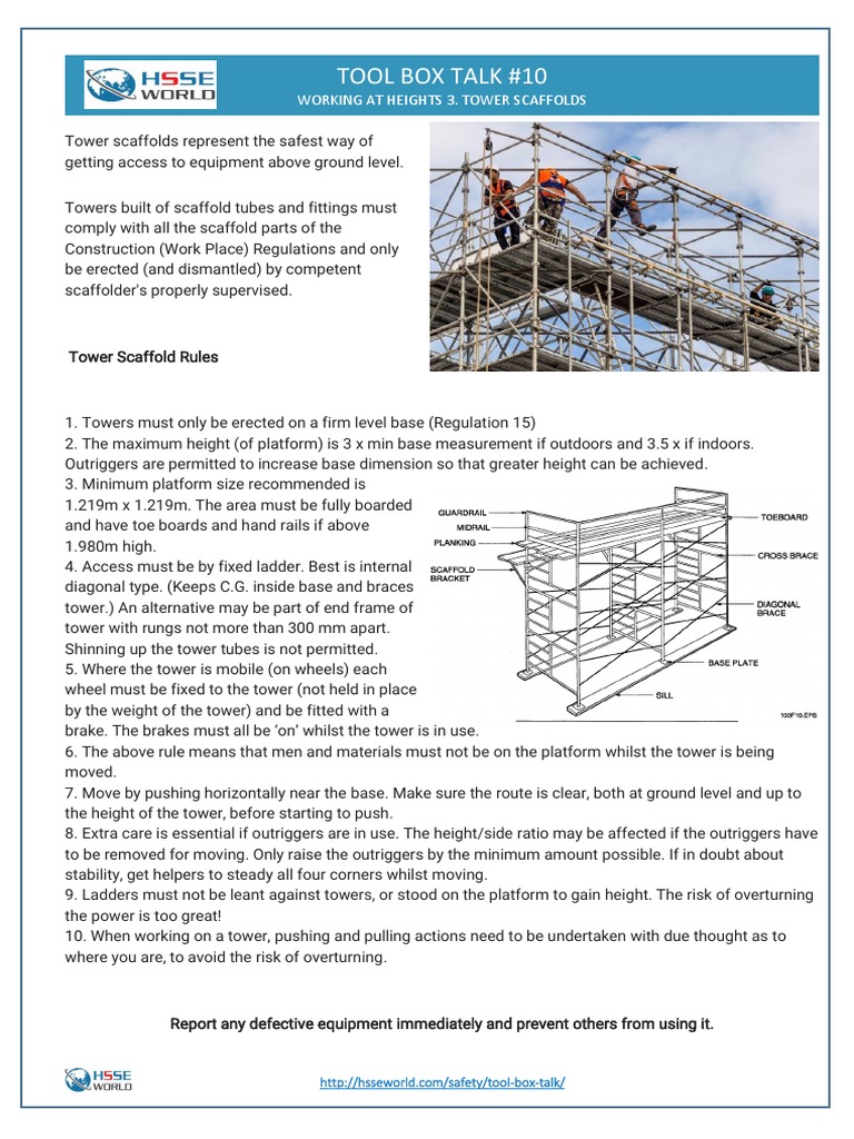 Tool Box Talk #10: Working at Heights 3. Tower Scaffolds | PDF