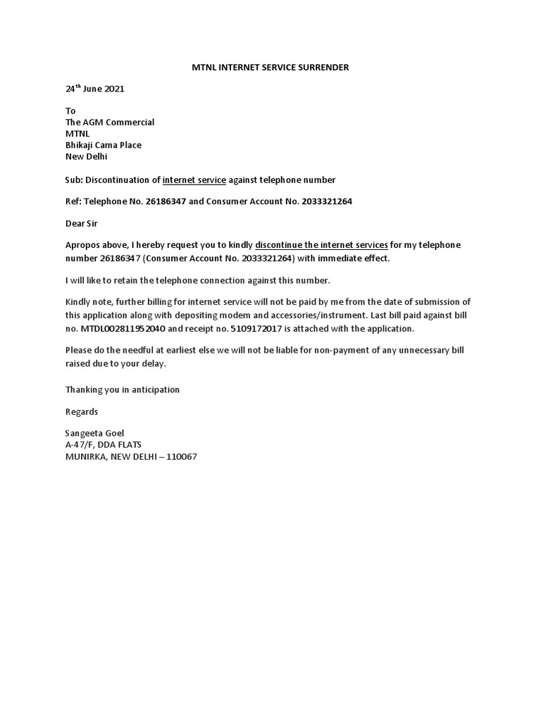 MTNL Connection Surrender - 2 | PDF