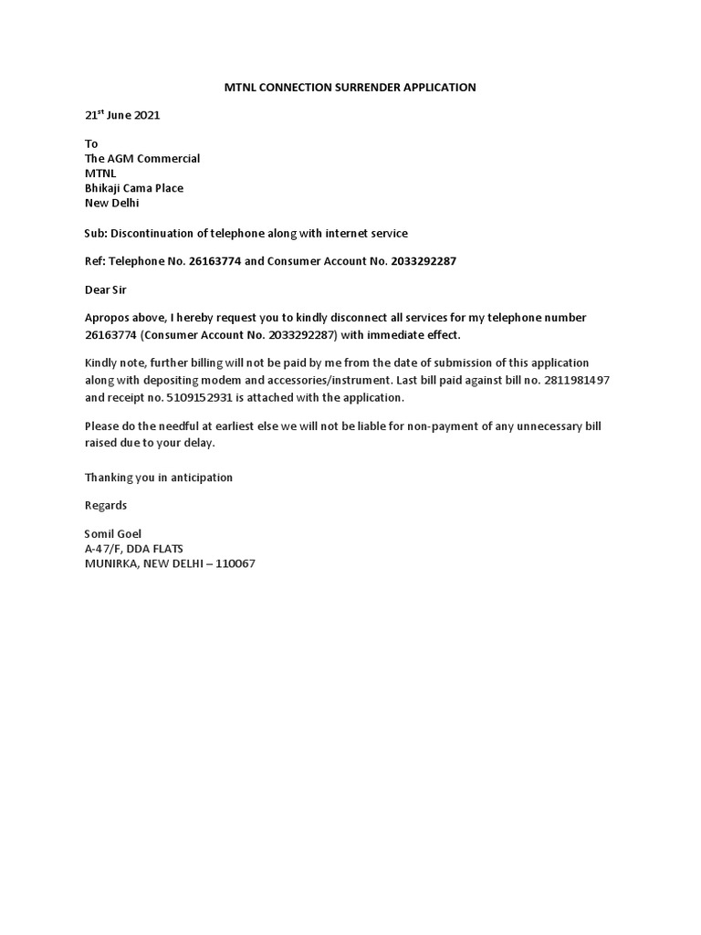 Request to Discontinue MTNL Telephone and Internet Services Due to Relocation | PDF