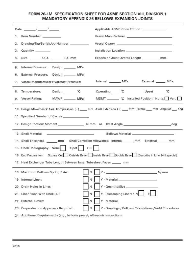 Form 26-1M Specification Sheet For Asme Section Viii, Division 1 ...