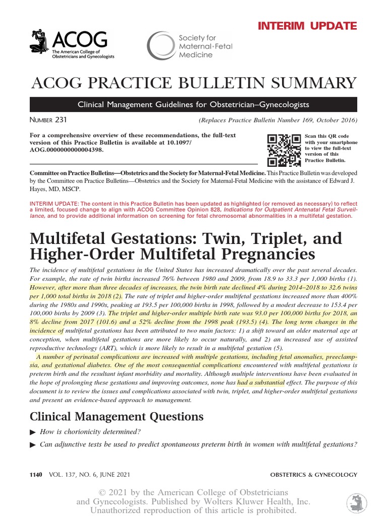 Acog Practice Bulletin Summary: Multifetal Gestations: Twin, Triplet, and Higher-Order ...