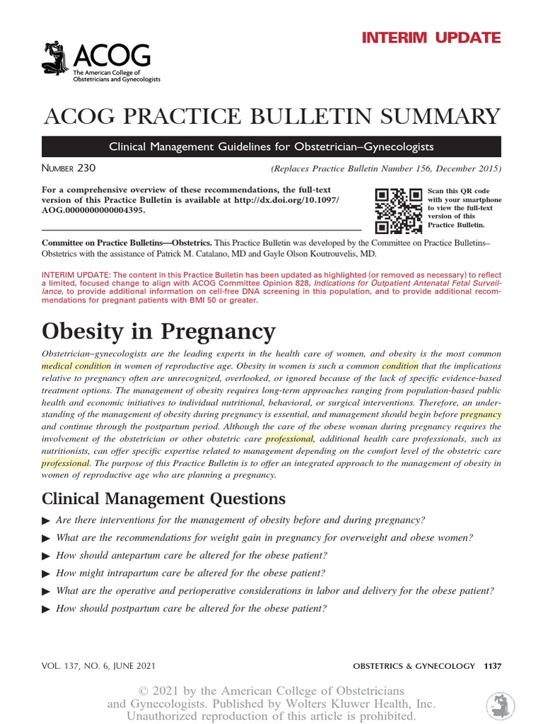 Acog Practice Bulletin Summary: Obesity in Pregnancy | PDF ...