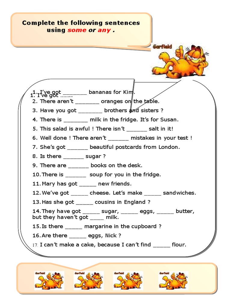 Complete The Following Sentences Using: Some Any | PDF | Cooking, Food ...