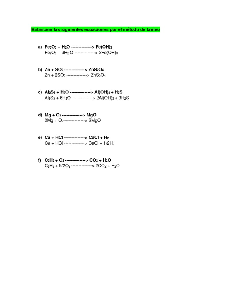 Química-Balanceo de Ecuaciones Químicas Por El Método de Tanteo | PDF ...