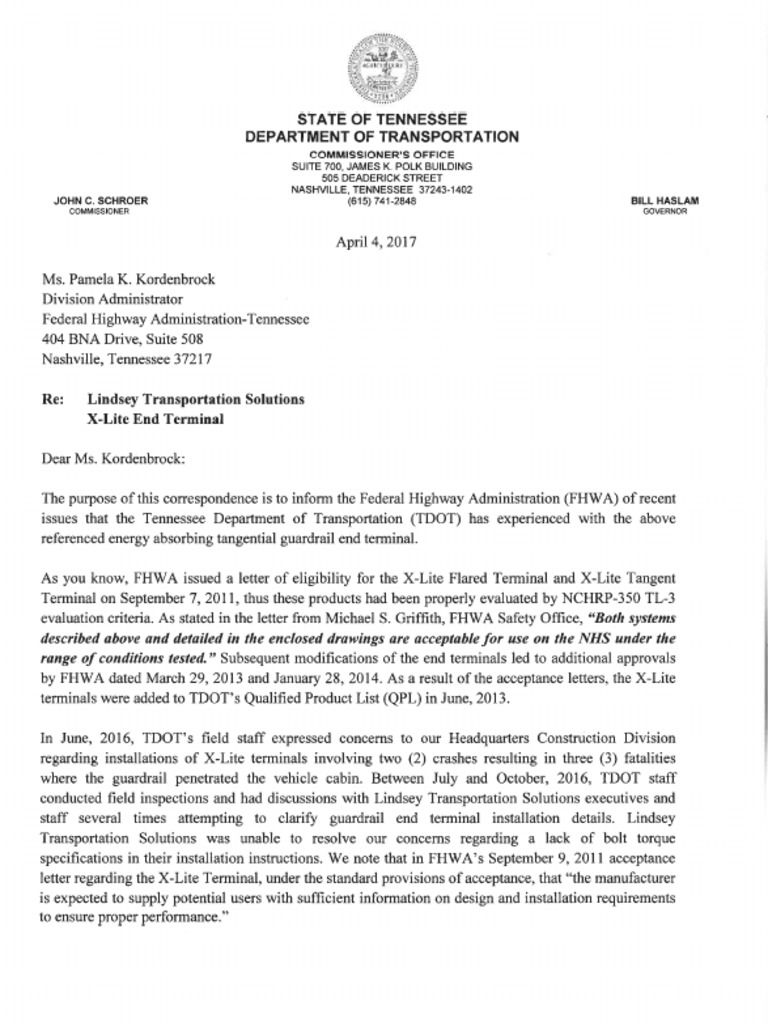 Tennessee DOT Warns FHWA About Highway Guardrails | PDF