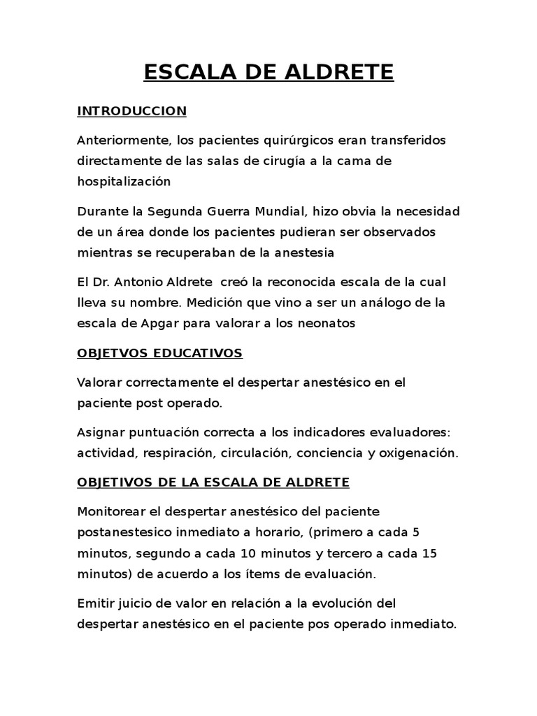 Escala de Aldrete: Valoración Anestésica | PDF