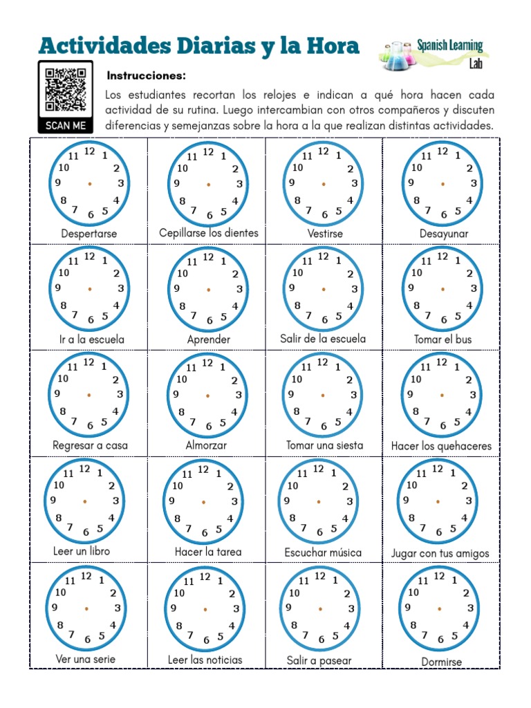 Daily Activities and Time in Spanish PDF Worksheet La Hora en Español ...