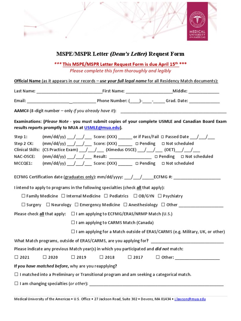 MSPE/MSPR Letter (Dean's Letter) Request Form | PDF | United States ...