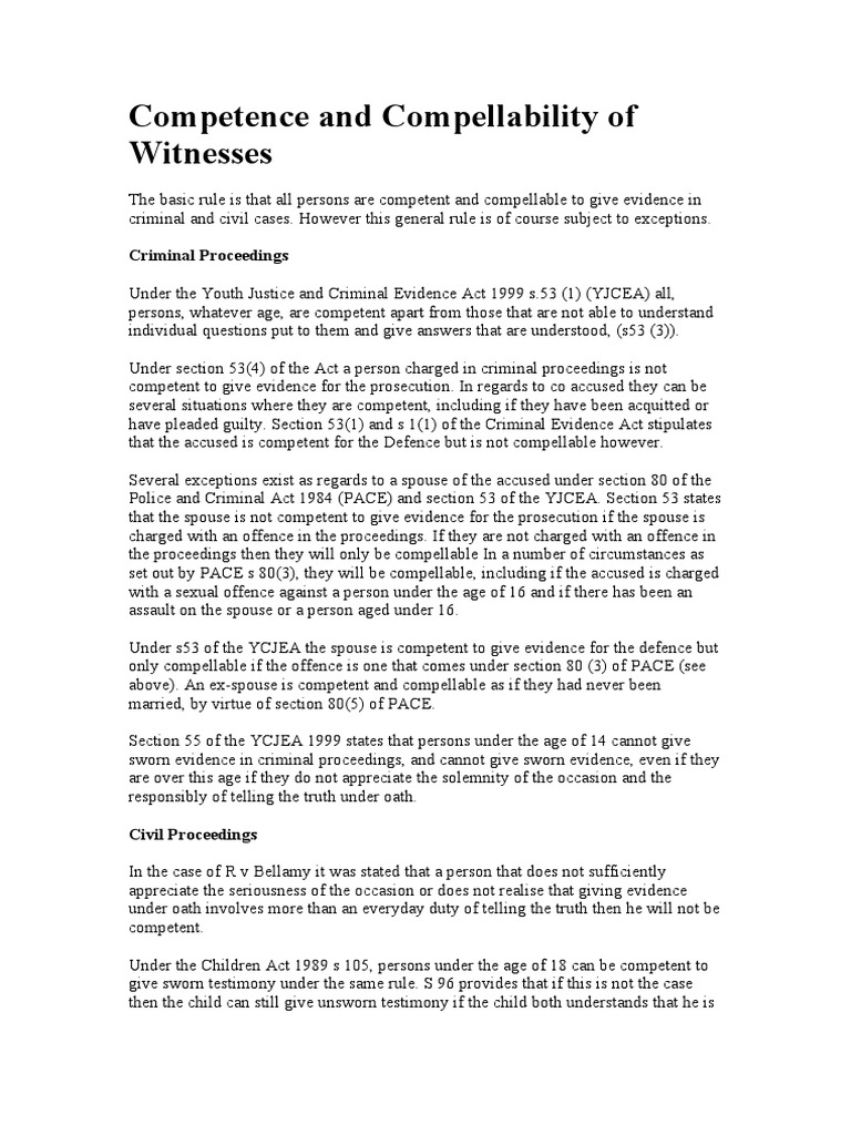 Witness Competence and Compellability Guide | PDF | Prosecutor | Evidence