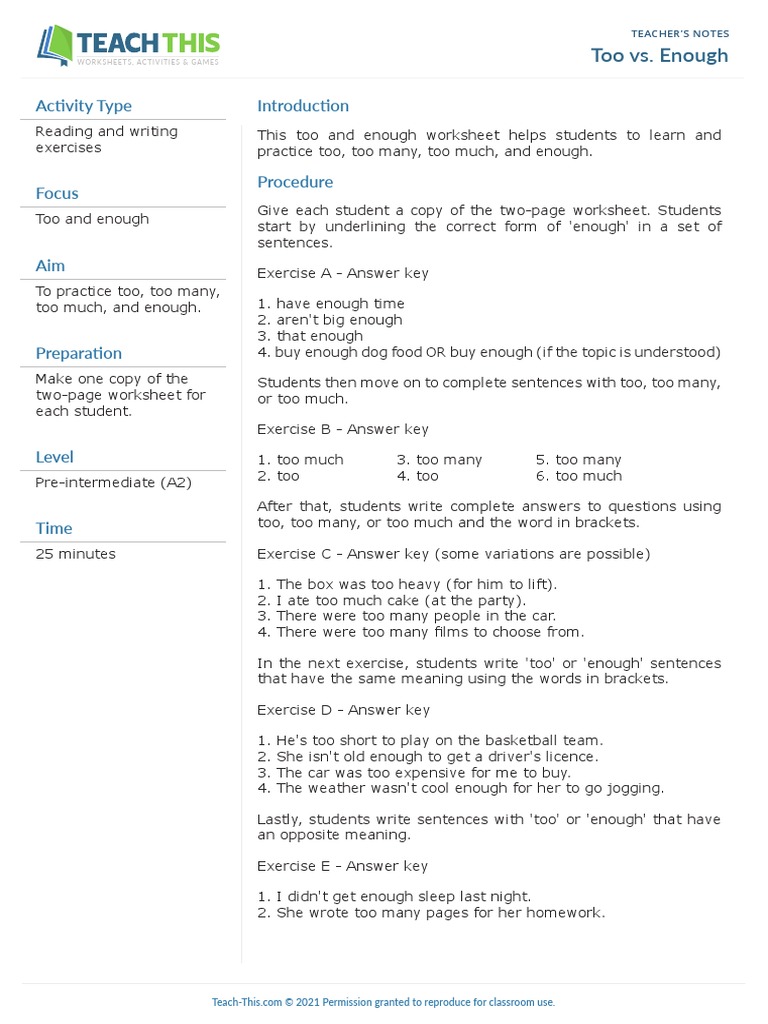 Too Vs Enough Worksheet | PDF | Noun | Linguistic Morphology