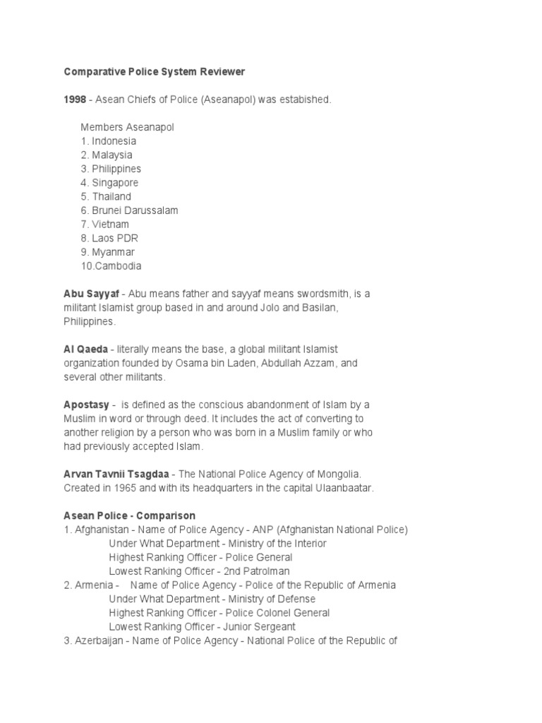 Comparative Police System Reviewer | PDF | Organized Crime | Inspector