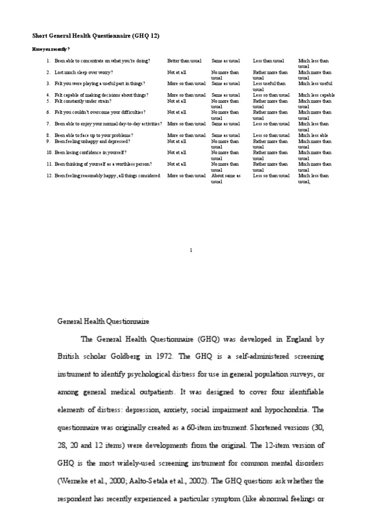 Short General Health Questionnaire (GHQ 12) : Have You Recently? | PDF ...