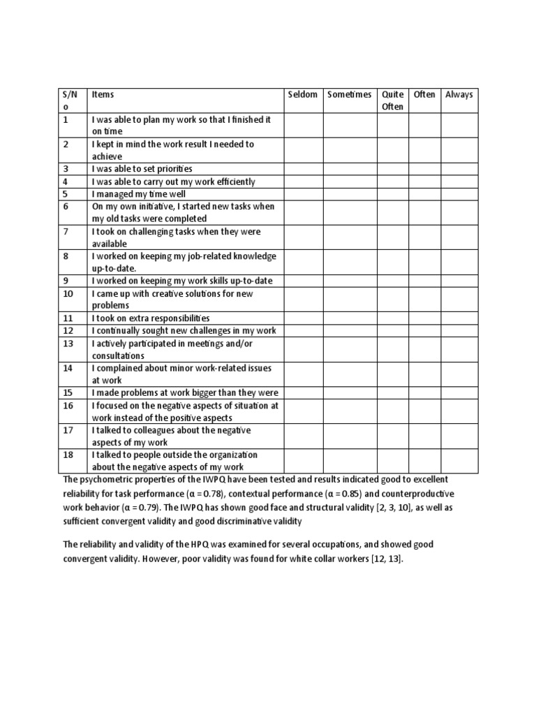 Job Performance Questionnaire | PDF