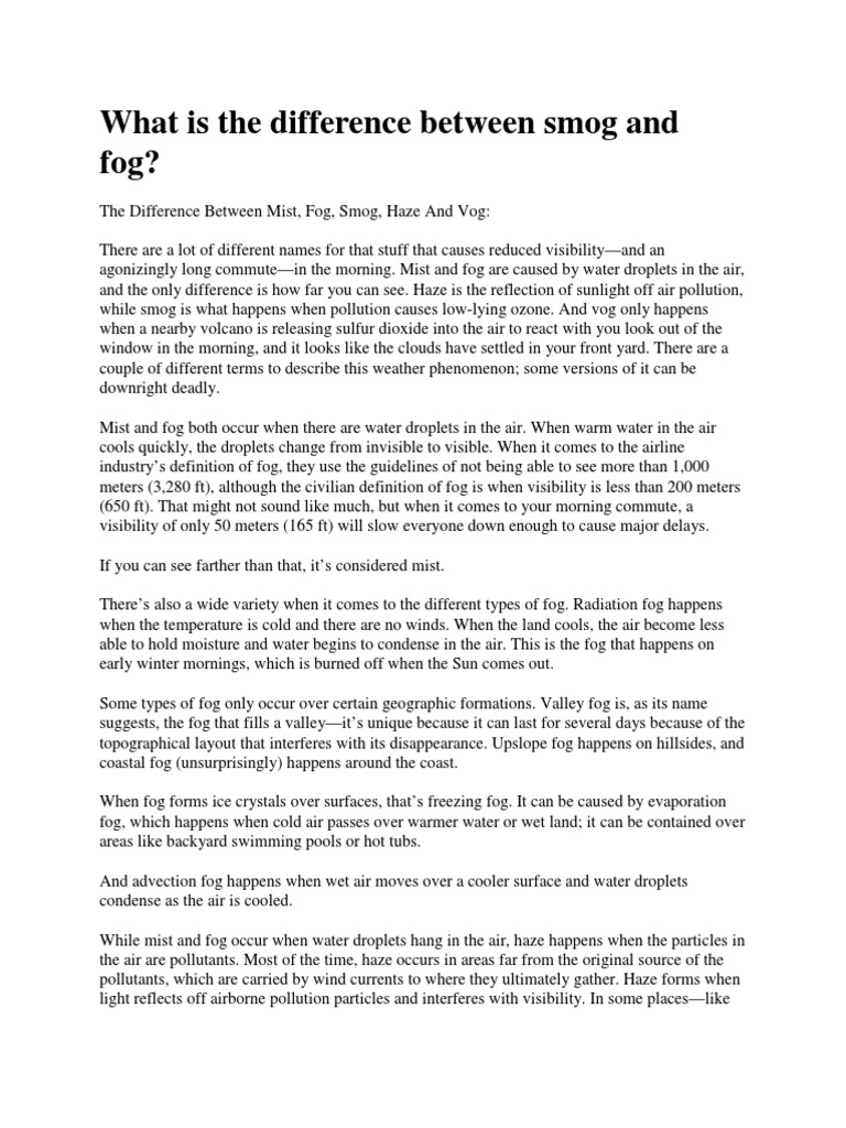 The Difference Between Mist, Fog, Smog, Haze And Vog | PDF | Fog | Smog