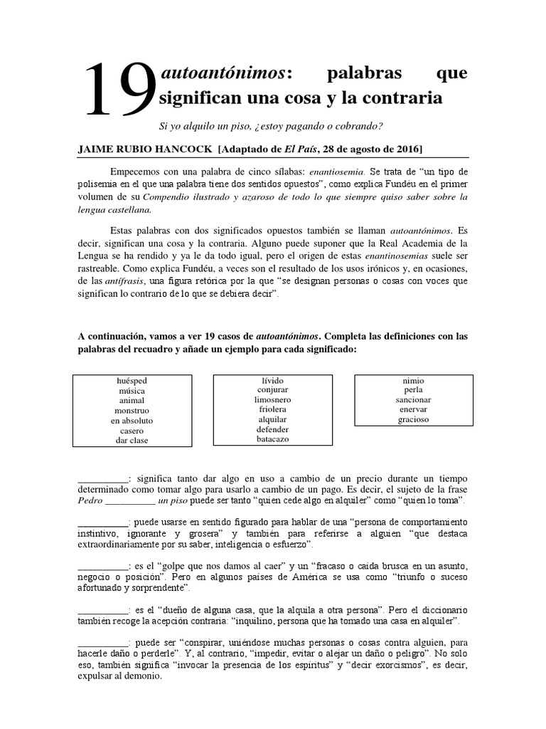 19 Autoantonimos. Palabras Que Significan Una Cosa y La Contraria | PDF ...