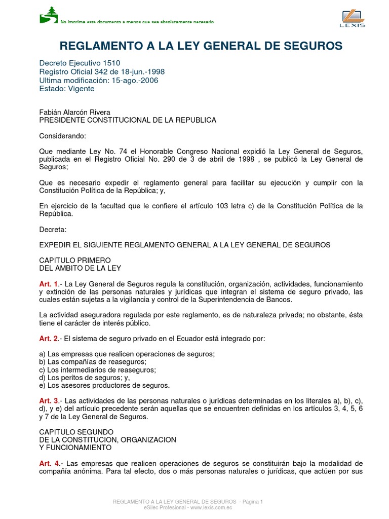 Reglamento A La Ley General de Seguros | PDF | Póliza de seguros | Reaseguro