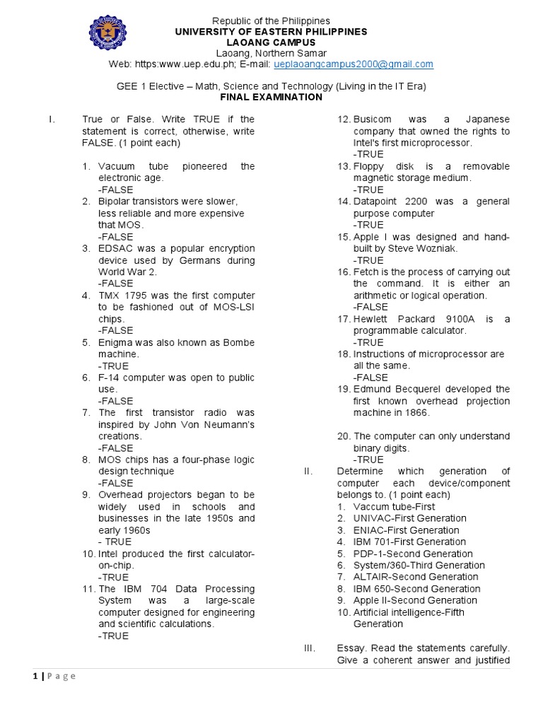 Gee 1 Final Exam 2021 Essay | PDF | Microprocessor | Information Age