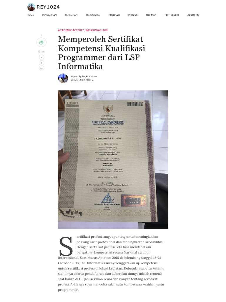 Memperoleh Sertifikat Kompetensi Kualifikasi Programmer Dari LSP Informatika - It 4 Our Life | PDF