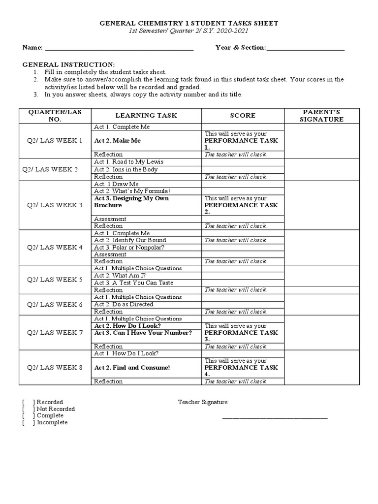 Student Task Sheet. Chemistry | PDF | Multiple Choice | Educational ...