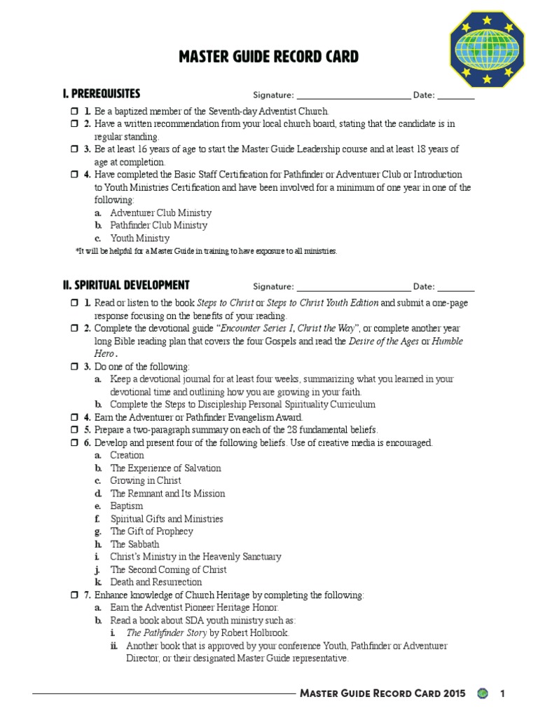 Master Guide Record Card: I. Prerequisites | PDF | Protestant ...