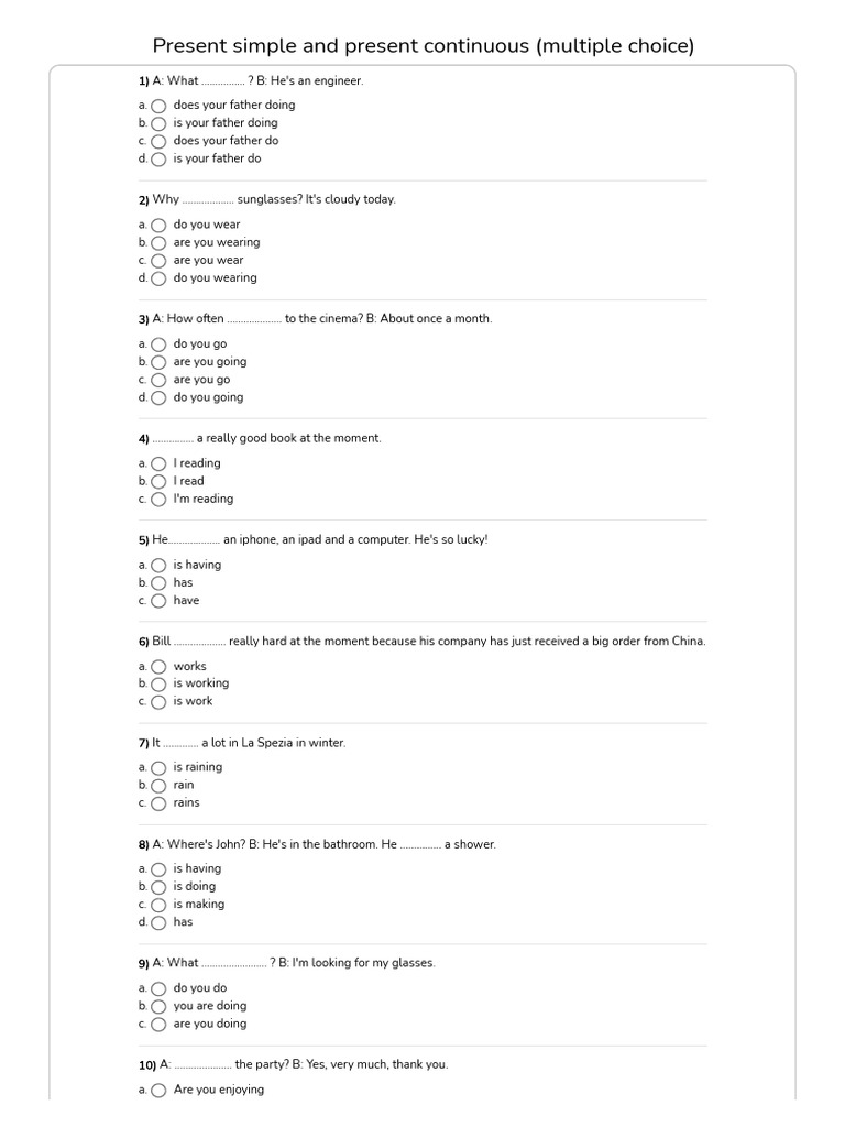 Present Simple and Present Continuous (Multiple Choice) | PDF