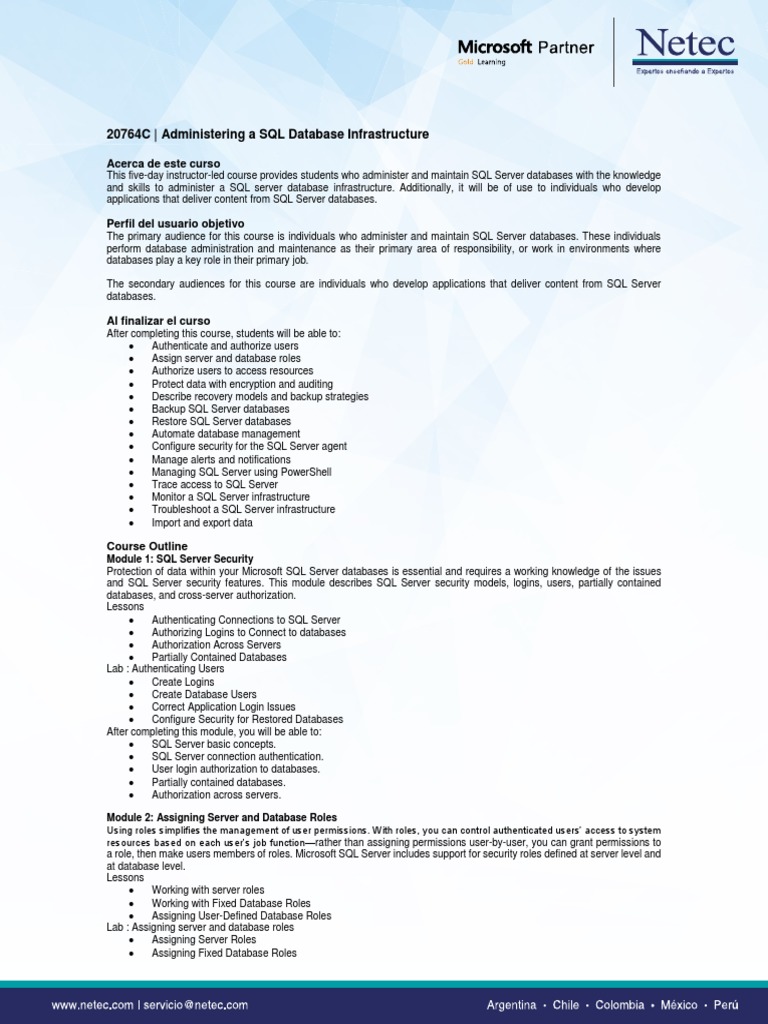 20764C - Administering A SQL Database Infrastructure: Acerca de Este ...