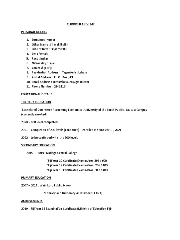 Curricular Vitae: Personal Details | PDF | Fiji | Educational Stages