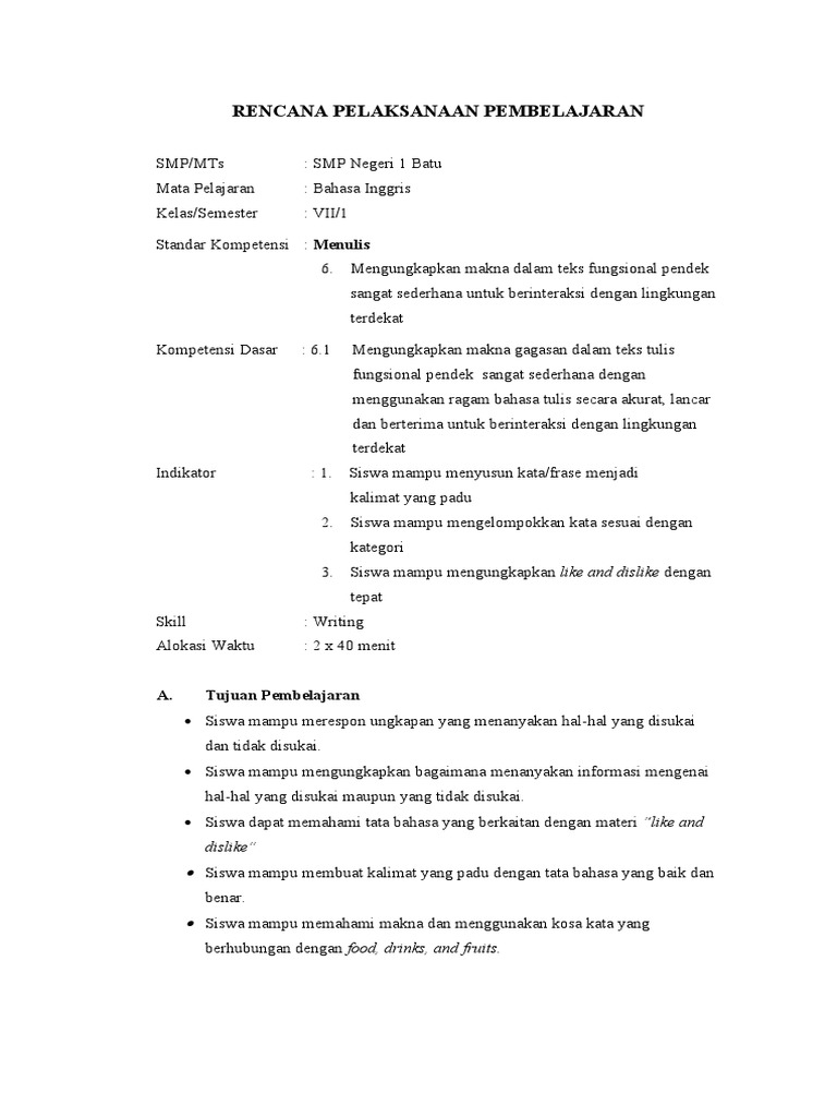 RPP Kelas VII Semester 2 Like and Dislike | PDF | Karier & Perkembangan | Seni & Disiplin Bahasa