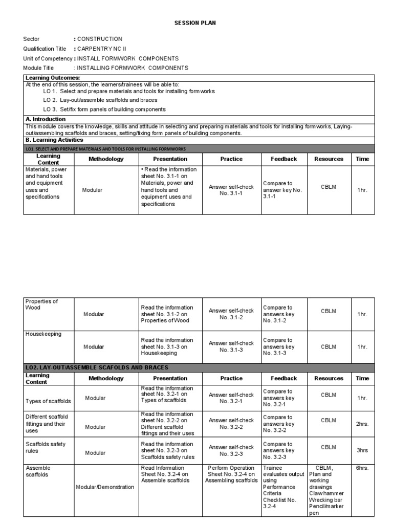 Session Plan: Construction: Lo1. Select and Prepare Materials and Tools ...