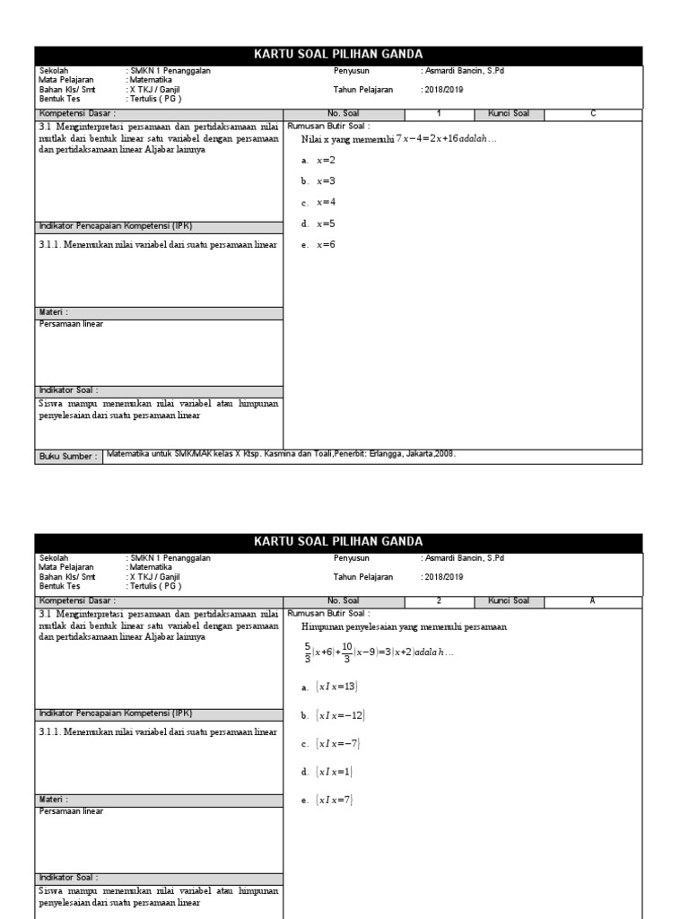 KARTU SOAL Matematika Kelas X | PDF