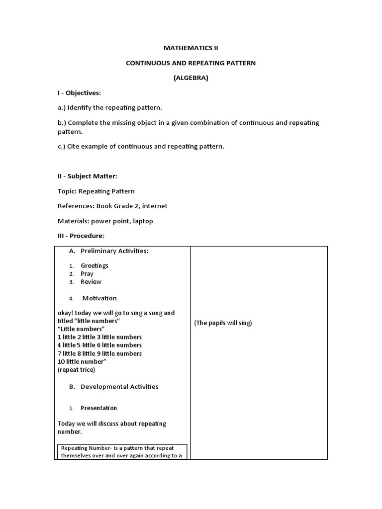 Mathematics Ii Continuous and Repeating Pattern (Algebra) I ...