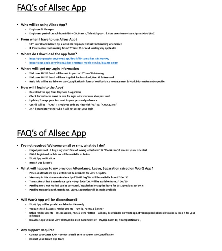 Allsec App FAQs for Employees | PDF | Paycheck | Mobile App