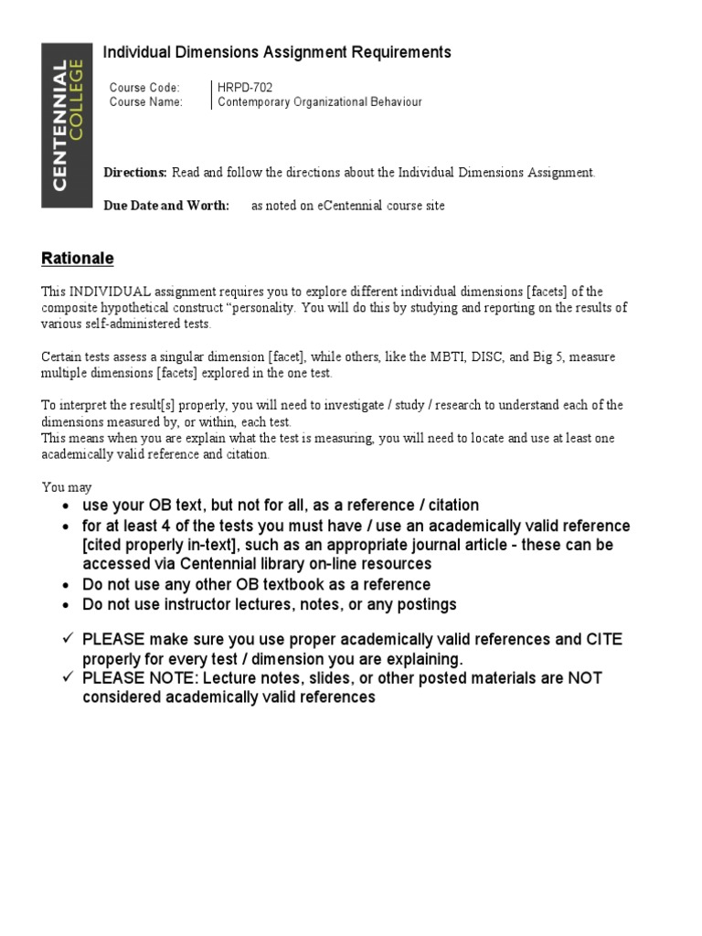 HRPD-702-Individual Dimensions Assignment | PDF | Extraversion And Introversion | Narcissism