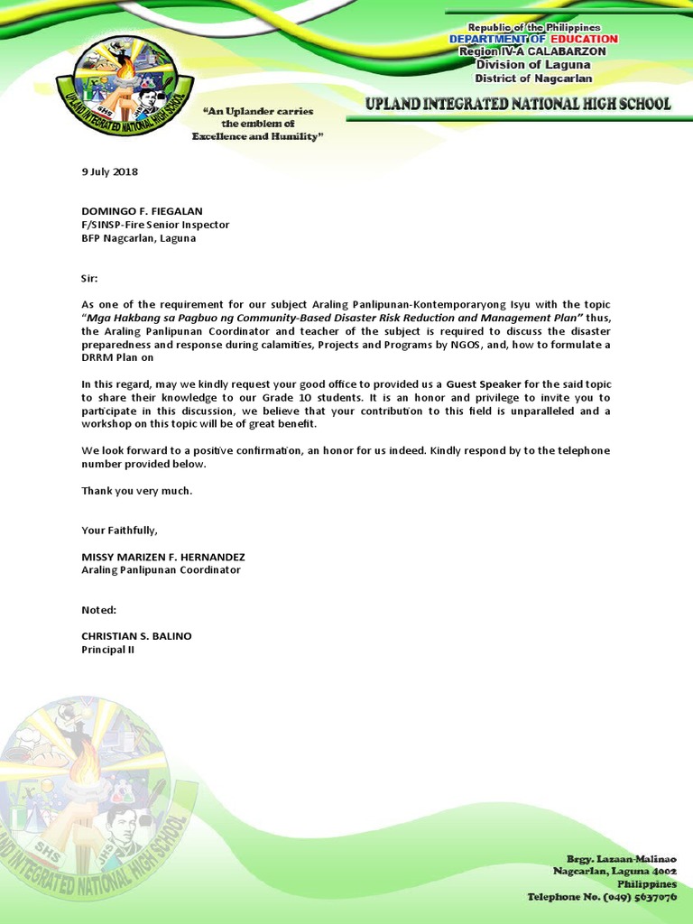 Letter For Guest Speaker DRRM | PDF